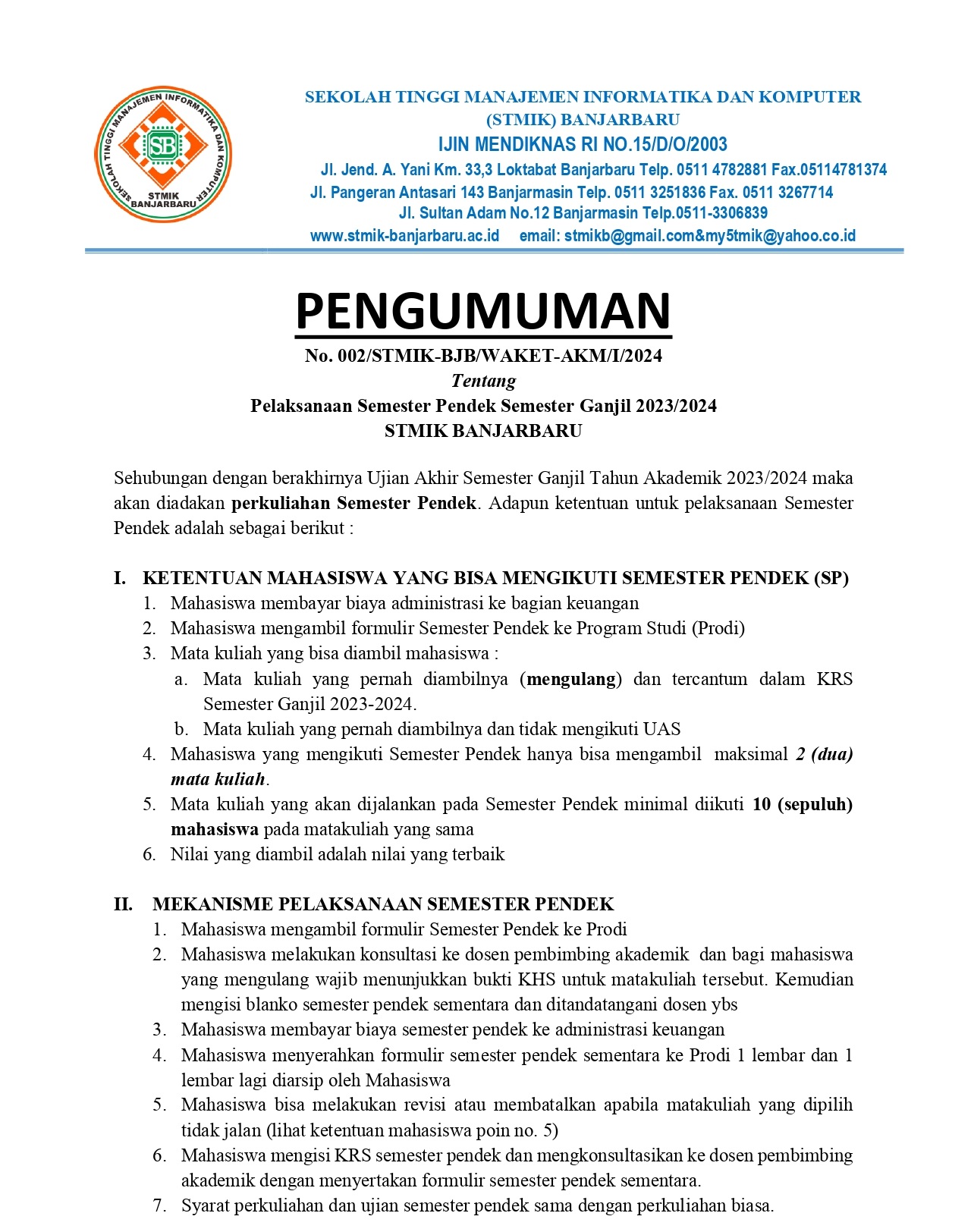 Pengumuman Pelaksanaan Semester Pendek Semester Ganjil 2023-2024